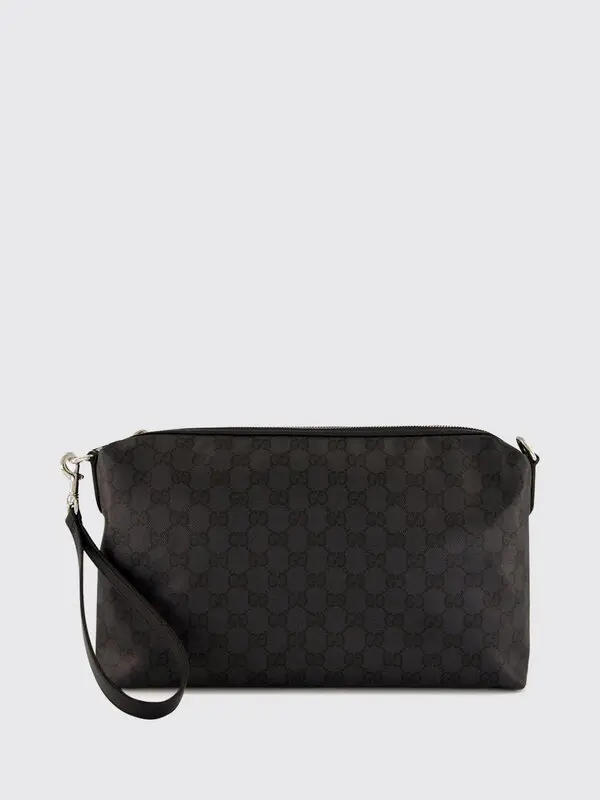 Gucci Coated Cotton Pouch With Gg Monogram And Removable Wrist Strap - Black