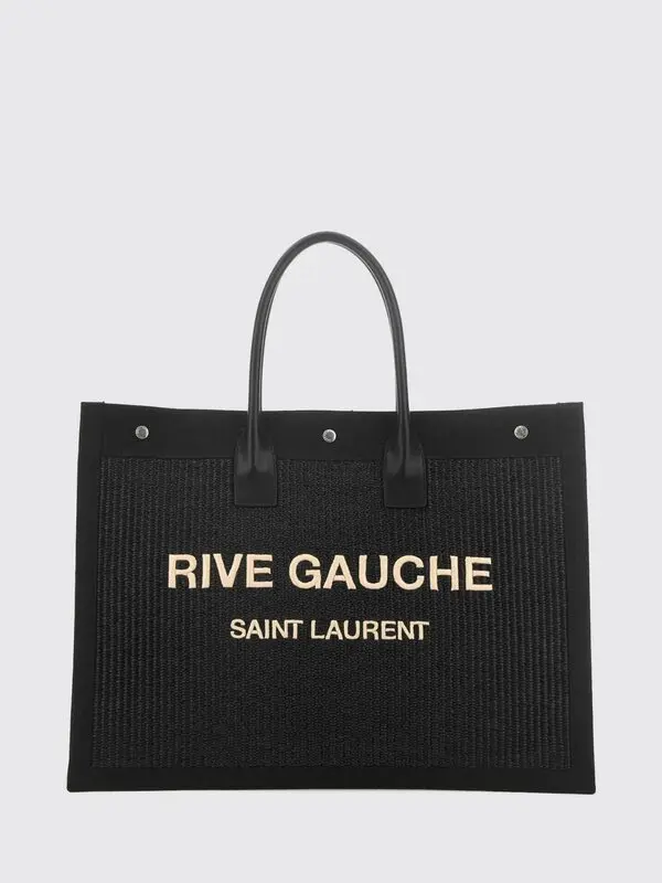 Saint Laurent Rive Gauche Tote Bag In Raffia With Leather Handles And Embroidered Logo - Black