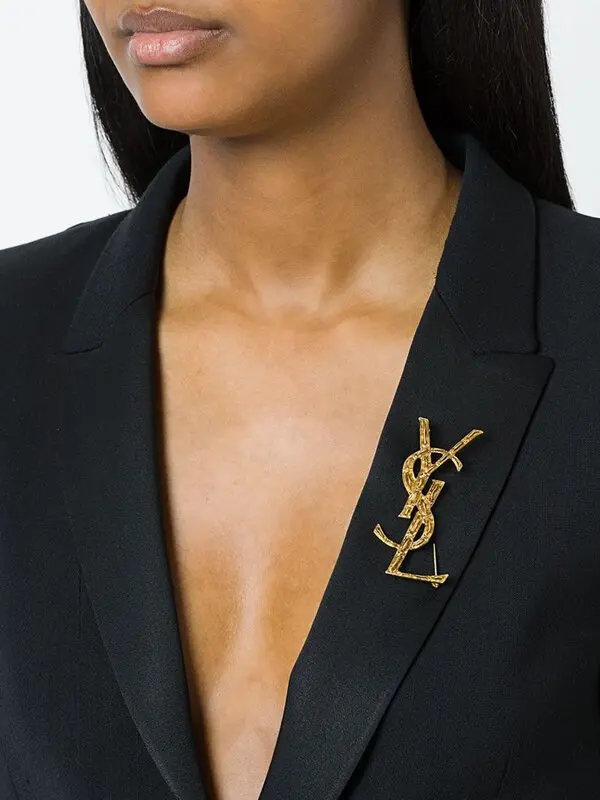 Saint Laurent Cassandre Brass Brooch With Interlaced Monogram