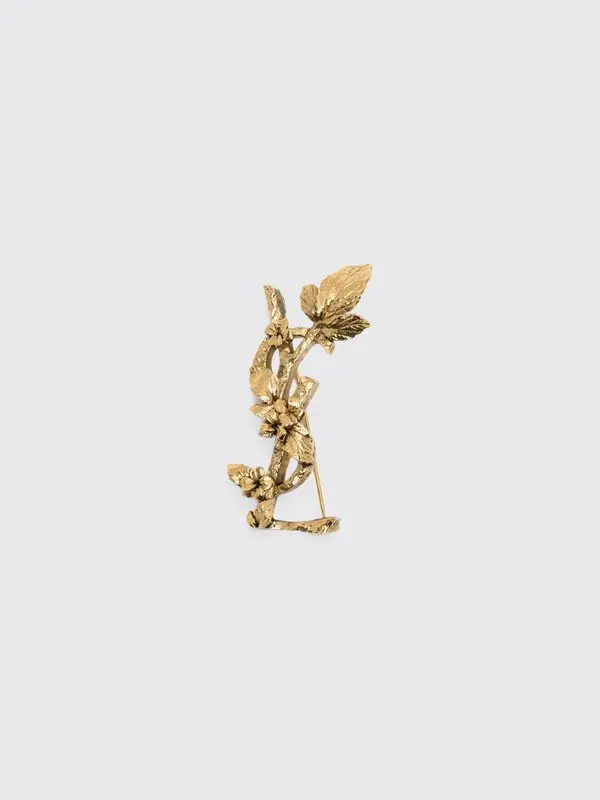 Saint Laurent Floral Brass Brooch With Monogram - Gold