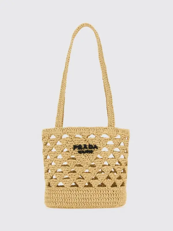 Prada Mini Embroidered Logo Perforated Crochet Raffia Bag - Cream