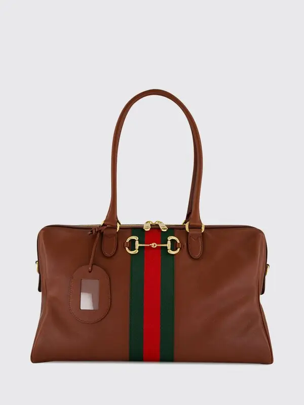Gucci Calfskin Leather Shoulder Bag With Horsebit Detail And Web Stripe - Brown
