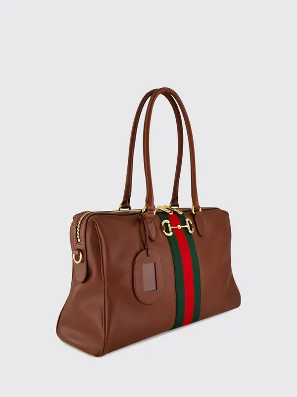Gucci Calfskin Leather Shoulder Bag With Horsebit Detail And Web Stripe - Brown