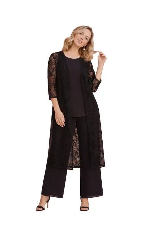 Roaman's Extended 3 Piece Allover Lace Duster Pant Set Formal Wear - Black