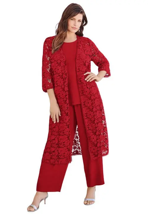 Roaman's Extended 3 Piece Allover Lace Duster Pant Set Formal Wear - Classic Red