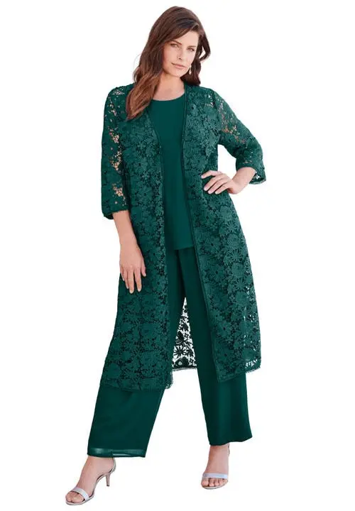 Roaman's Extended 3 Piece Allover Lace Duster Pant Set Formal Wear - Emerald Green