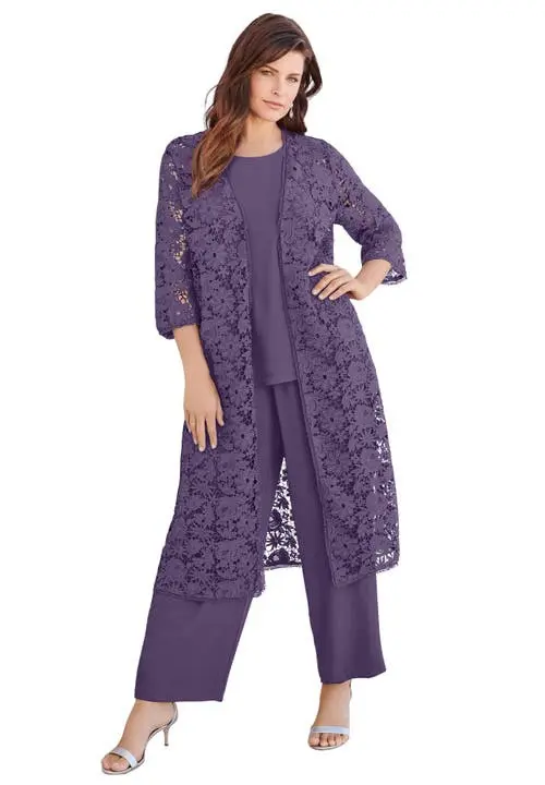 Roaman's Extended 3 Piece Allover Lace Duster Pant Set Formal Wear - Purple Grape