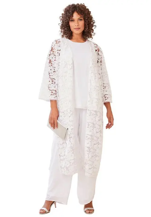 Roaman's Extended 3 Piece Allover Lace Duster Pant Set Formal Wear - White