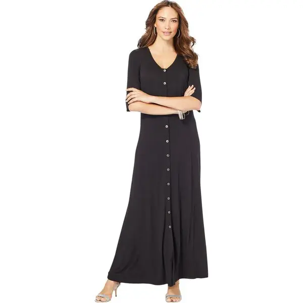 Roaman's Button Front Heathered Dress - Black