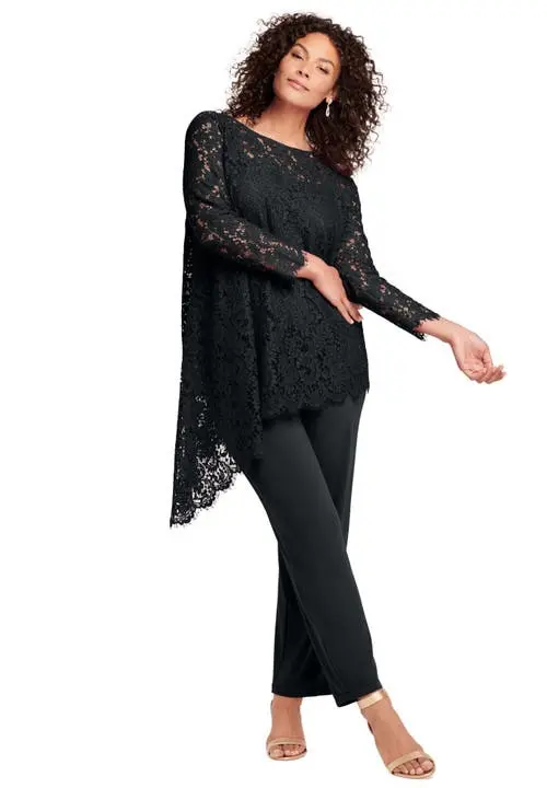 Roaman's Extended Asymmetrical Lace Pant Set Long Sleeve Lace Scalloped Tunic & Elastic Waist Pants - Black
