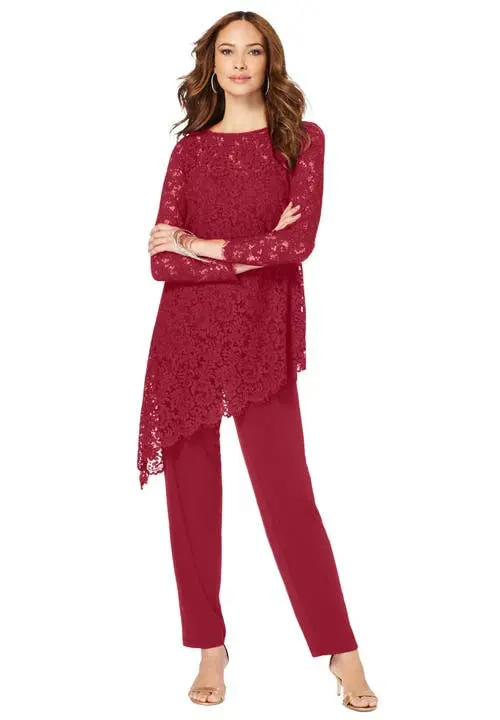 Roaman's Extended Asymmetrical Lace Pant Set Long Sleeve Lace Scalloped Tunic & Elastic Waist Pants - Classic Red