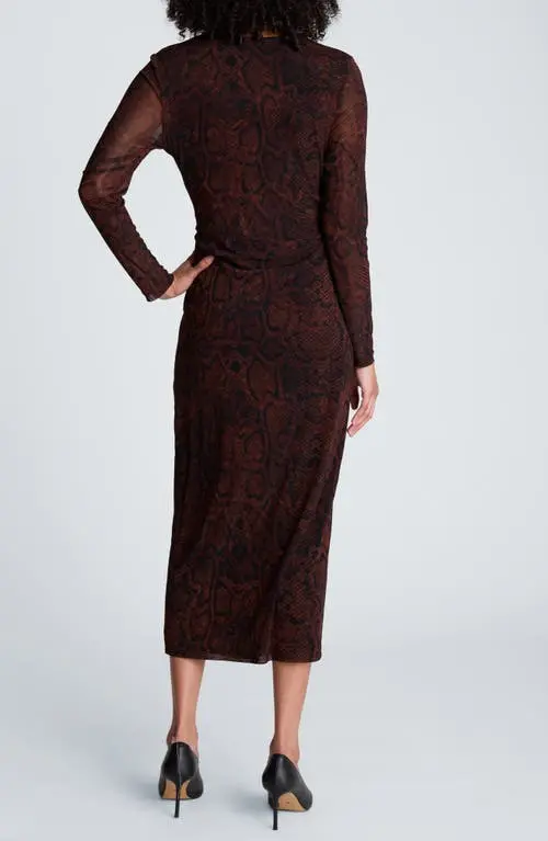 KENNETH COLE Knot Front Long Sleeve Midi Dress - Medium Bark Multi