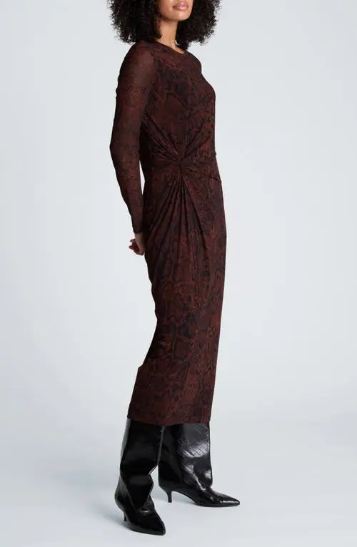 KENNETH COLE Knot Front Long Sleeve Midi Dress - Medium Bark Multi