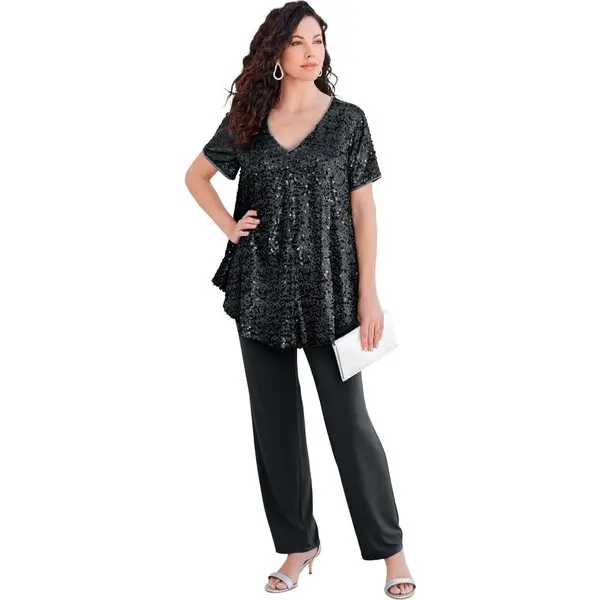 Roaman's Extended 2 Piece S/s Sequin Top And Pant Set - Black