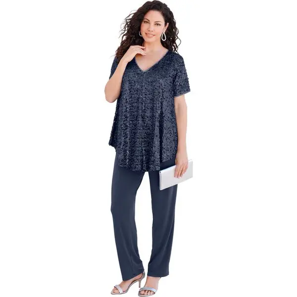Roaman's Extended 2 Piece S/s Sequin Top And Pant Set - Navy