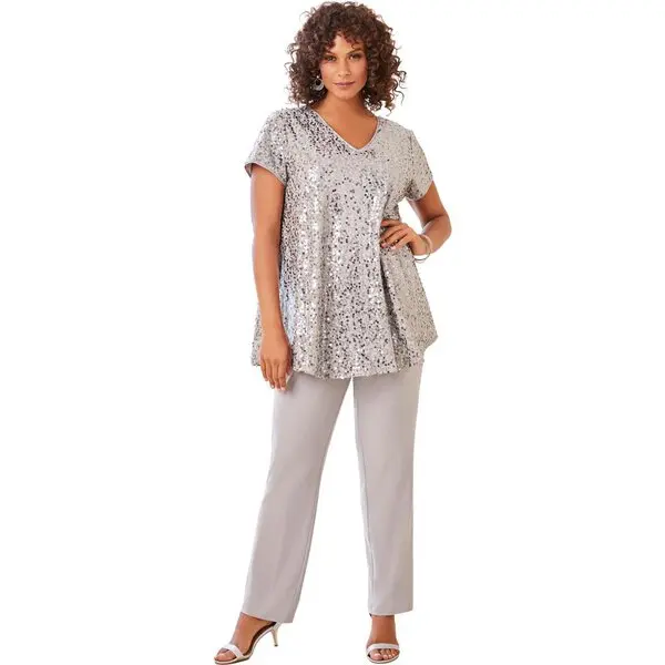 Roaman's Extended 2 Piece S/s Sequin Top And Pant Set - Silver Shimmer