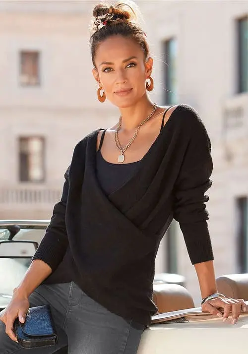 LASCANA V-neck Crossover Sweater - Black