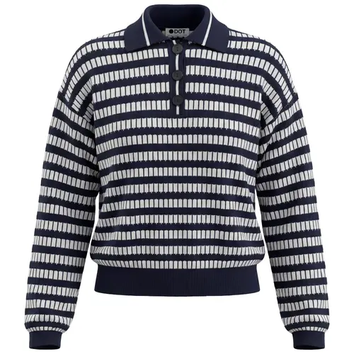 DOT Contrast Collar Ted Knit Cropped Button Front Top - Navy/white