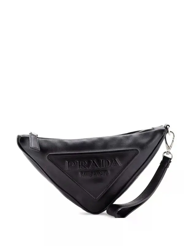 Prada Triangle Logo Wristlet Pouch Embossed Leather Clutch Bag