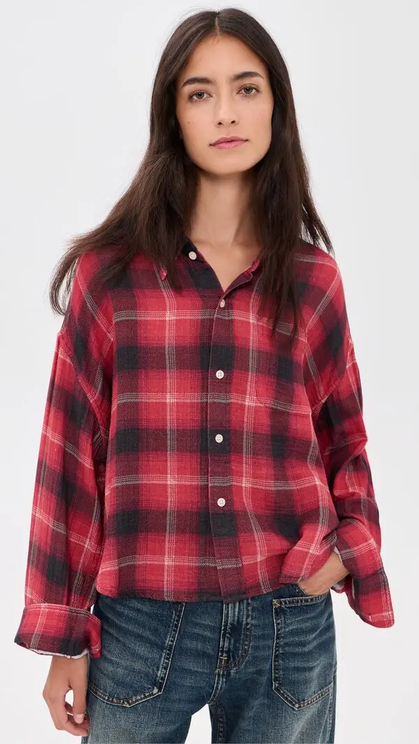 Denimist Bailey Cropped Button Down Shirt - Red Black Plaid