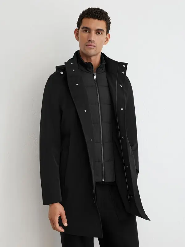 REISS Hilson Hybrid Gilet-insert Overcoat With Detachable Hood - Black
