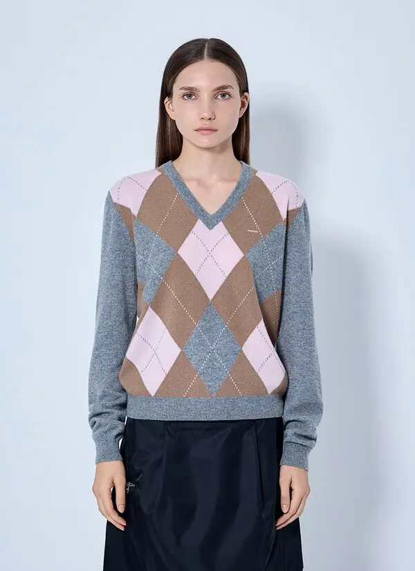 Prada Argyle V-neck Sweater - Gray