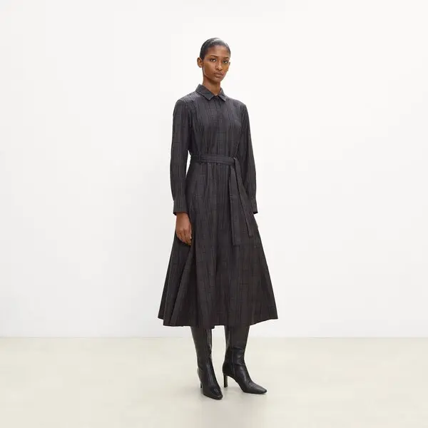 Theory Belted Long-sleeve Shirt Dress In Sleek Flannel - Charcoal Multi