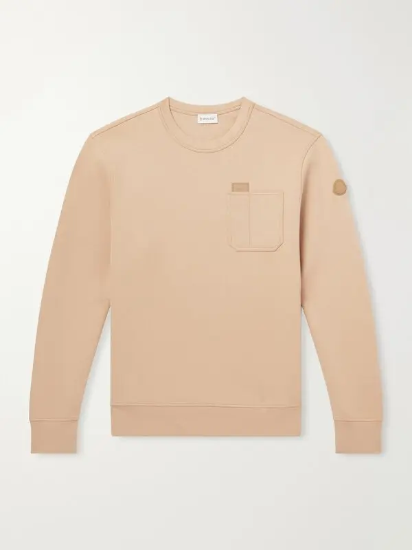 Moncler Logo-appliqué Leather-trimmed Cotton-blend Jersey Sweatshirt - Neutrals