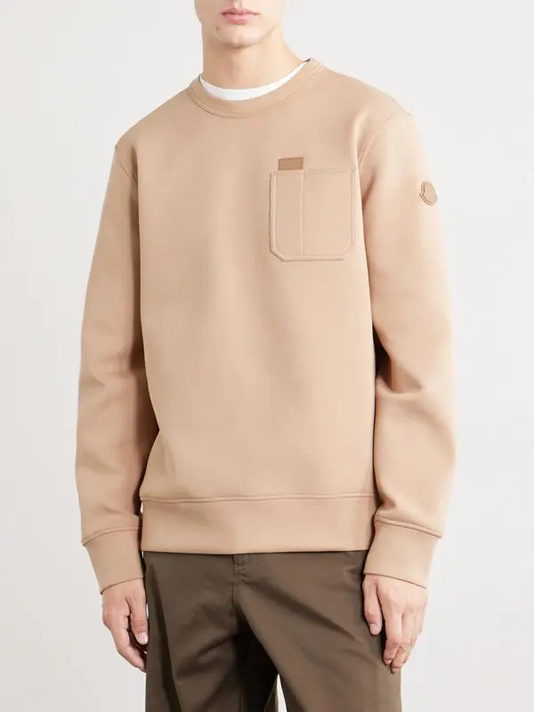 Moncler Logo-appliqué Leather-trimmed Cotton-blend Jersey Sweatshirt - Neutrals