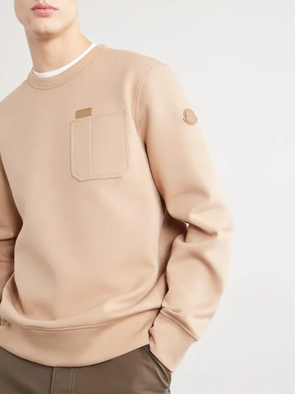 Moncler Logo-appliqué Leather-trimmed Cotton-blend Jersey Sweatshirt - Neutrals