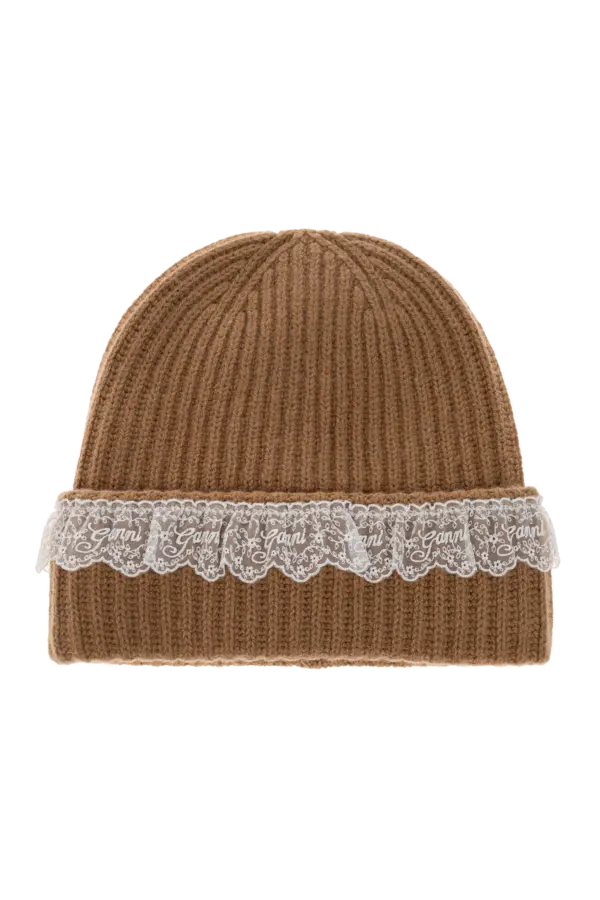 GANNI Beanie Hat With Lace Trim