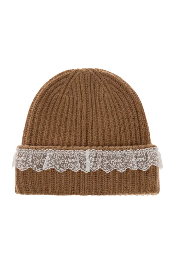 GANNI Beanie Hat With Lace Trim