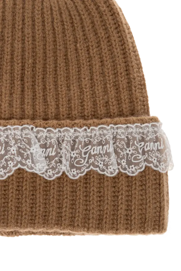 GANNI Beanie Hat With Lace Trim