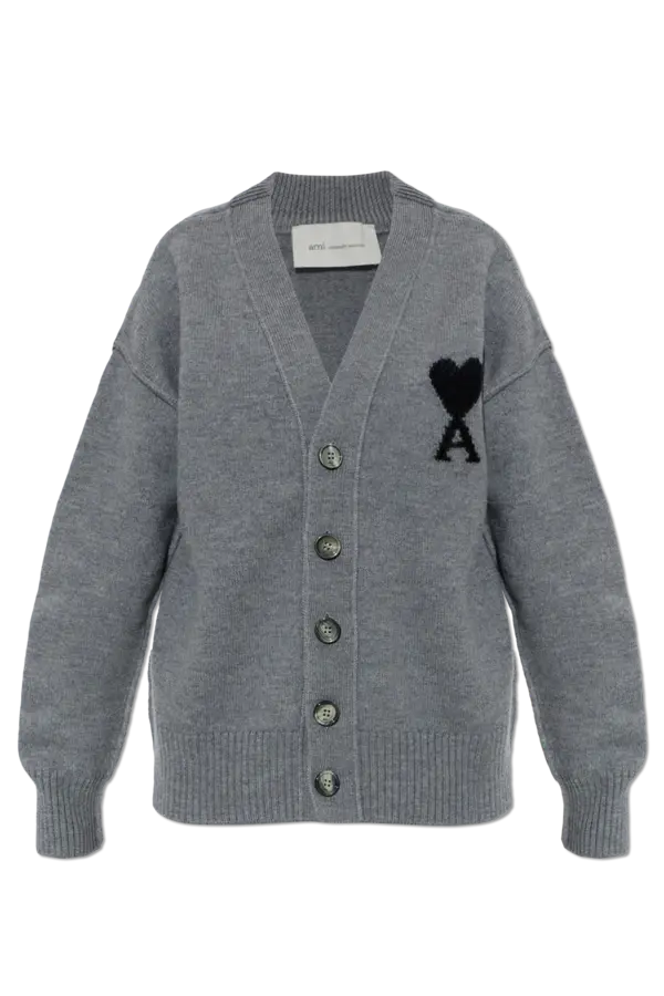 AMI Paris Wool Cardigan With Logo - Grey