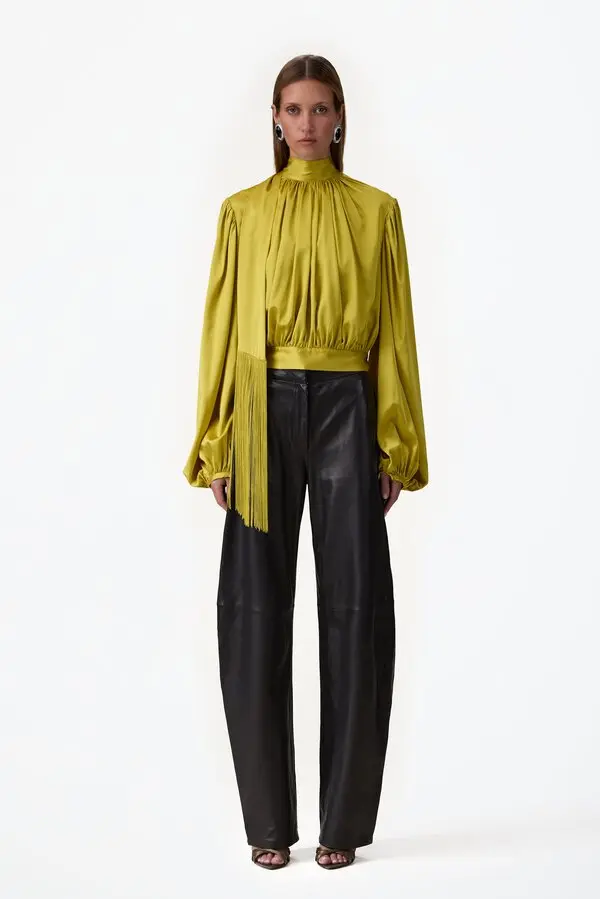 SAME Draped Fringe Silk Blouse - Chartreuse