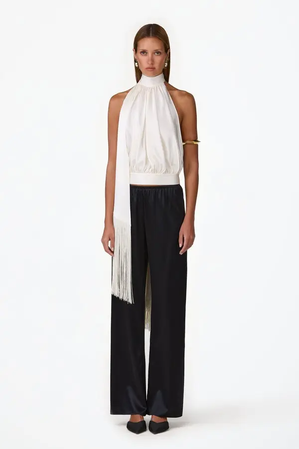 SAME Silk Fringe Halter Top - Cream