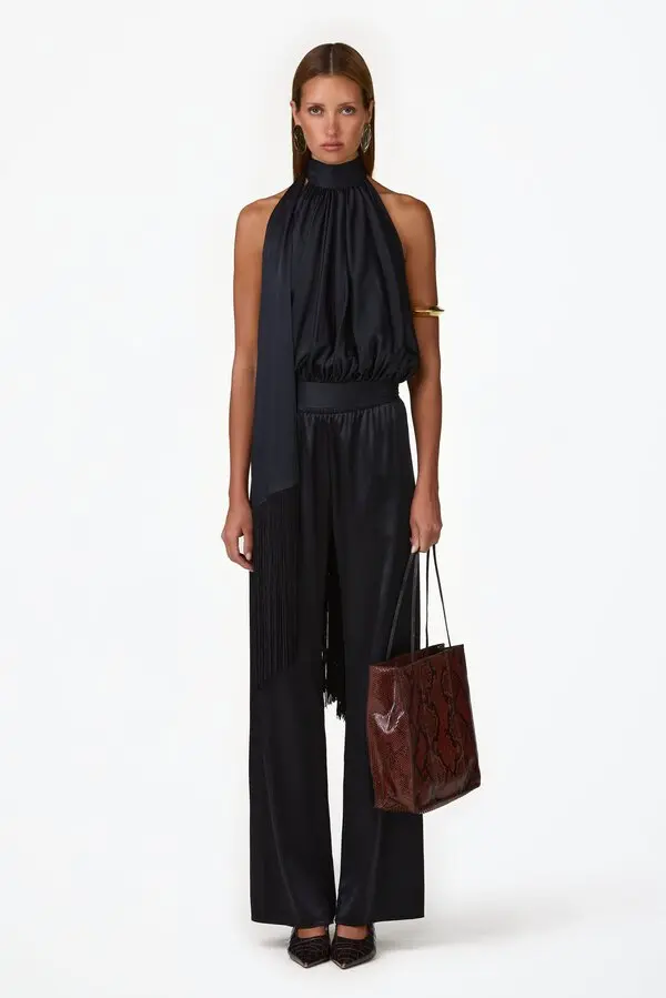 SAME Silk Fringe Halter Top - Black