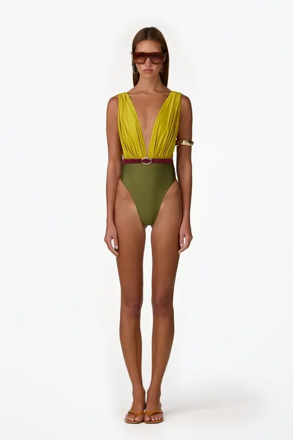 SAME Belted V One Piece - Chartreuse/olive