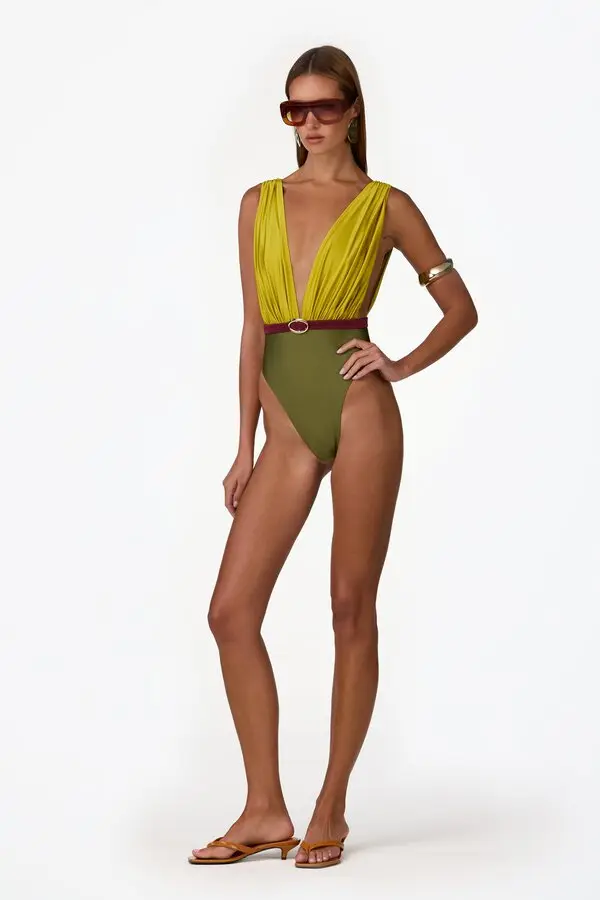 SAME Belted V One Piece - Chartreuse/olive