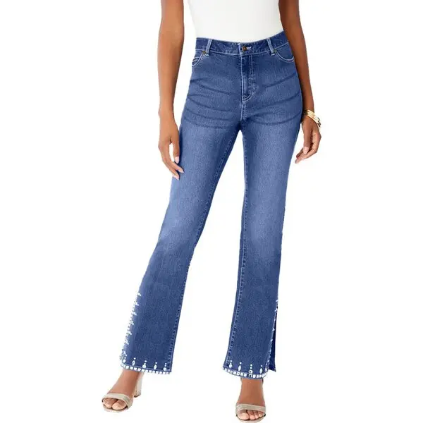 Roaman's Invisible Stretch® Rhinestone Detail Split Flare Leg Jean - Medium Wash