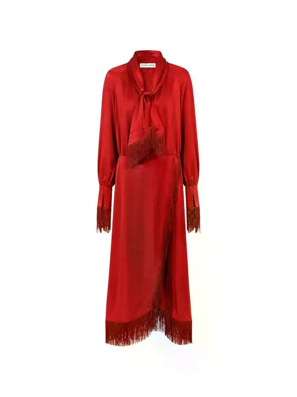 ROWEN ROSE Fringed Scarf-detail Midi Dress