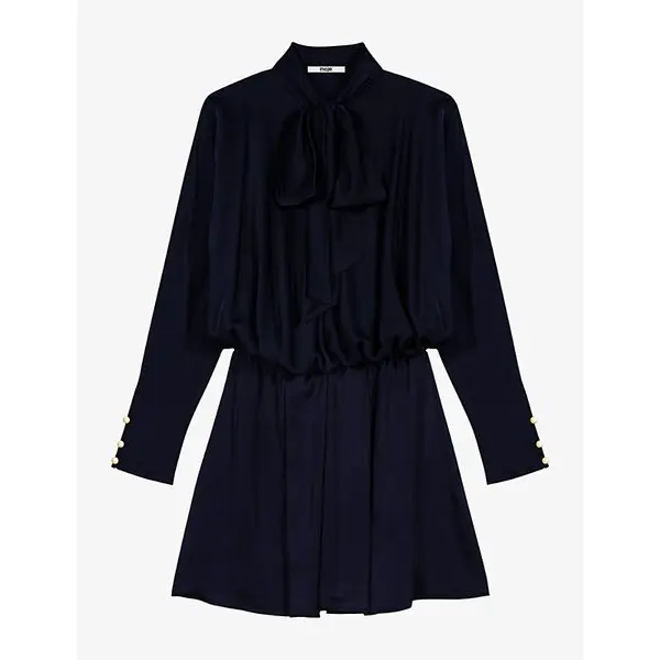 Maje Tie-neck Draped Satin Mini Dress
