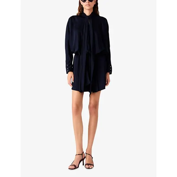 Maje Tie-neck Draped Satin Mini Dress