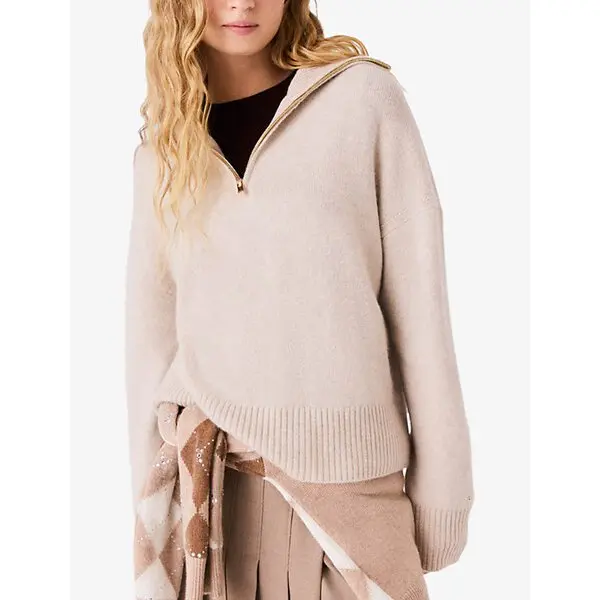 Maje Zip-neck Relaxed-fit Cashmere-blend Jumper