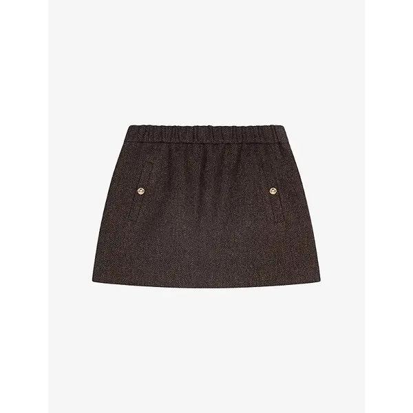 Maje Herringbone Elasticated-waist Wool-blend Mini Skirt