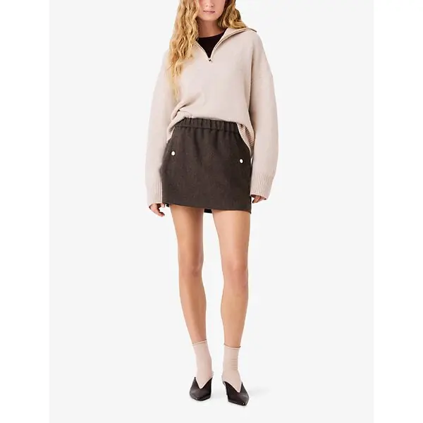 Maje Herringbone Elasticated-waist Wool-blend Mini Skirt
