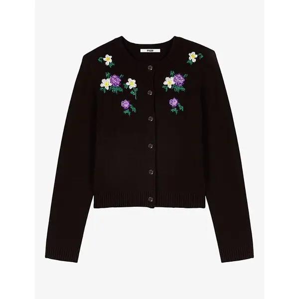 Maje Floral-embroidered Bead-embellished Wool-blend Cardigan