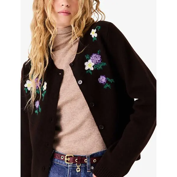 Maje Floral-embroidered Bead-embellished Wool-blend Cardigan