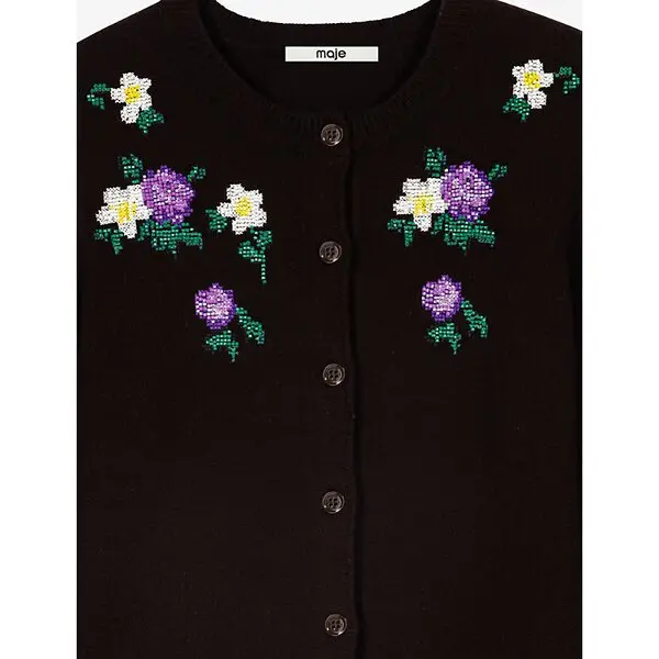 Maje Floral-embroidered Bead-embellished Wool-blend Cardigan