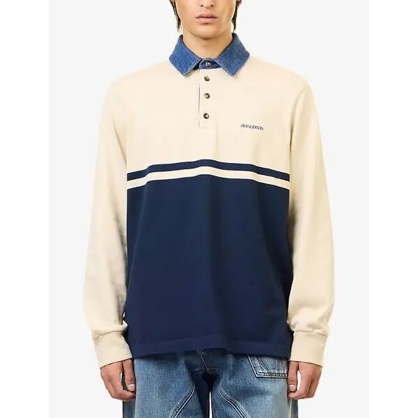JW Anderson Brand-embroidered Cotton Polo Top - Off White Navy